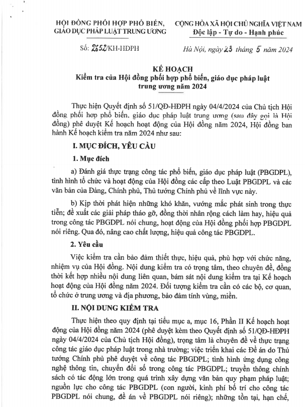Hội đồng phối hợp phổ biến, giáo dục pháp luật trung ương tổ chức 06 Đoàn kiểm tra trong năm ...